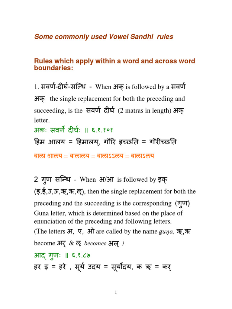 Sanskrit Vowel Sandhi Rules | PDF | Graphemes | Languages Of Asia