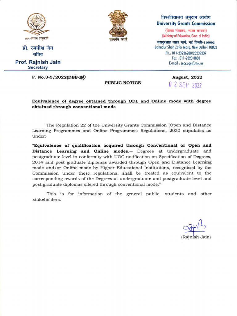 Ugc Equivalency Letter | PDF | Educational Stages | Qualifications