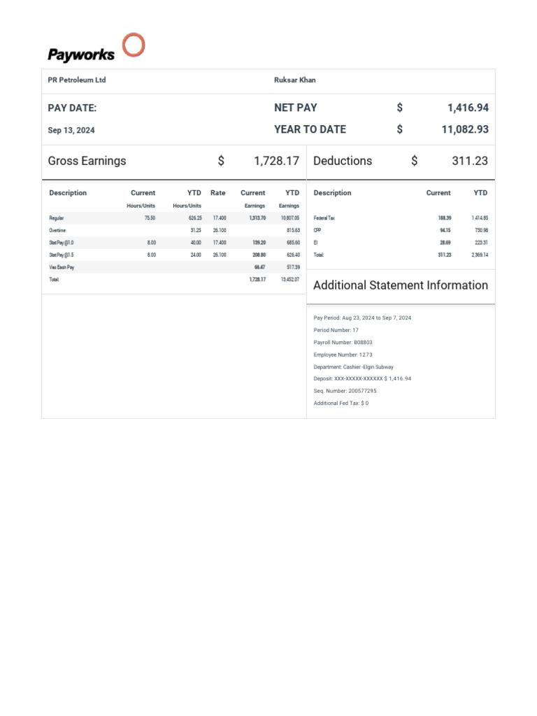 PayStatement-Sep 13 2024 | PDF | Payroll | Labor Relations