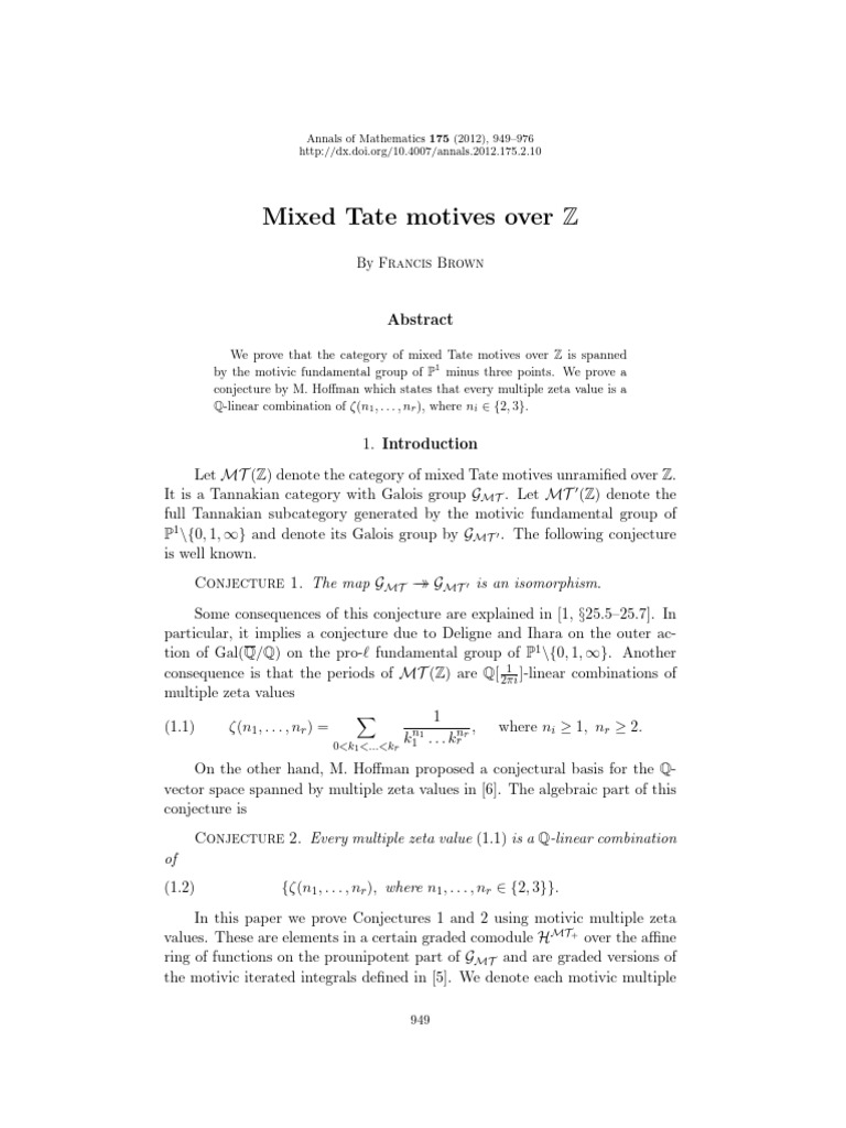 Mixed Tate Motives Over - Z - ? | PDF | Mathematical Analysis | Group ...