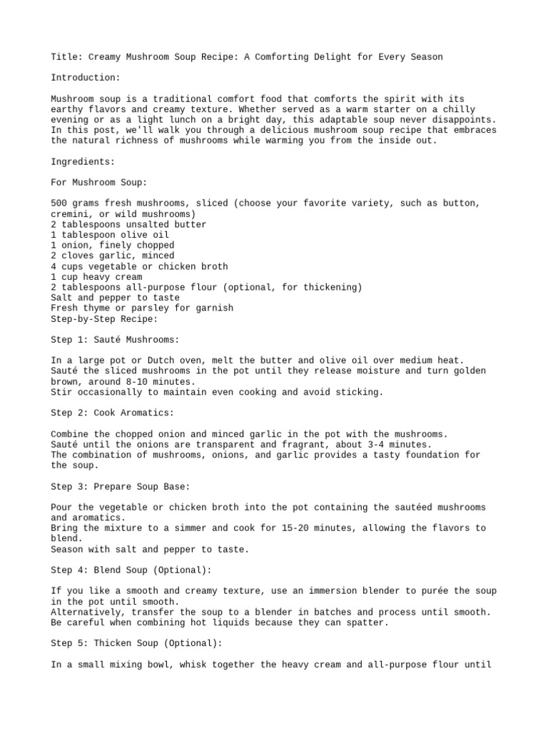 Creamy Mushroom Soup Recipe | PDF | Soup | Garlic