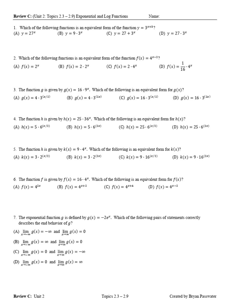 Review+C+Unit+2+Topics+2.3+-+2.9 | PDF | Function (Mathematics) | Errors And Residuals