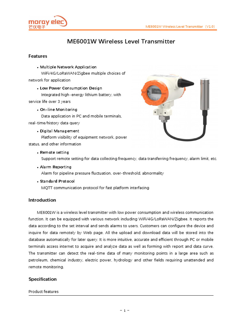 W3 - ME6001W Wireless Level Transmitter Datasheet-V1.01 | PDF | Wi Fi | Computer Network