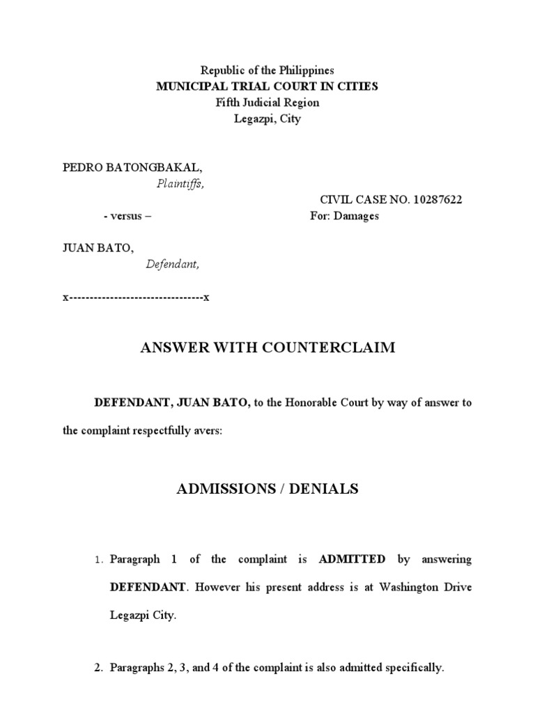 Answer With Counter Claim | PDF | Lawsuit | Complaint