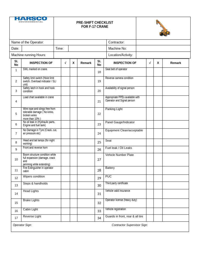 F17 Crane Check List | PDF | Crane (Machine) | Vehicles