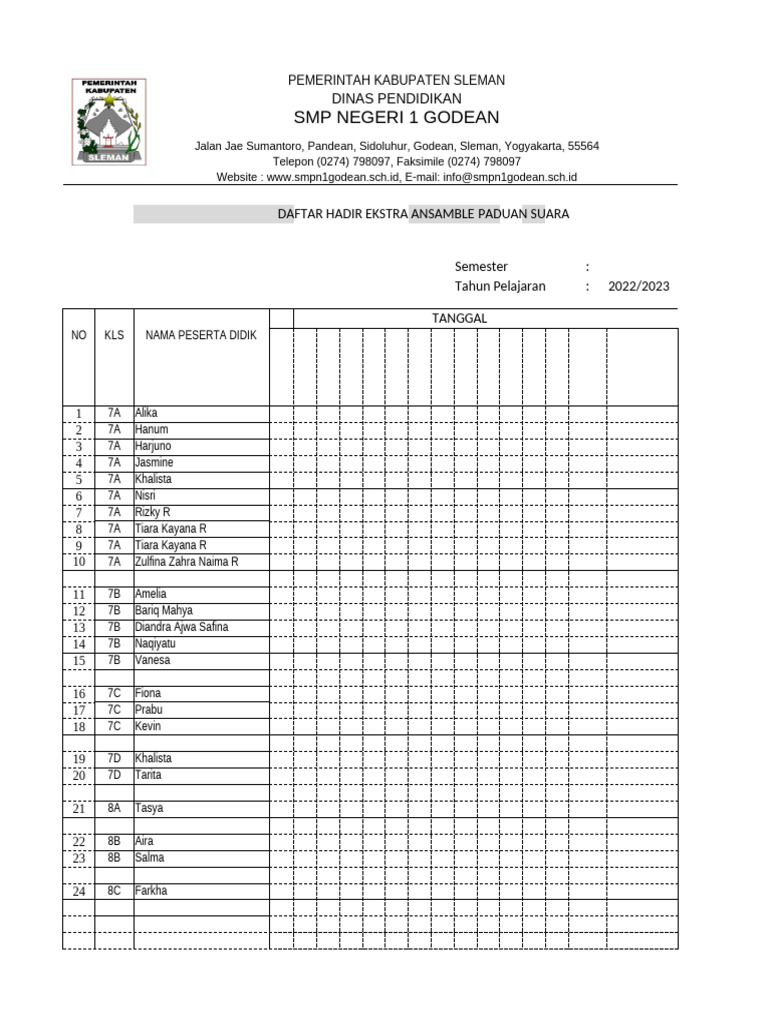 Daftar Hadir Ekstra Ansamble Musik | PDF