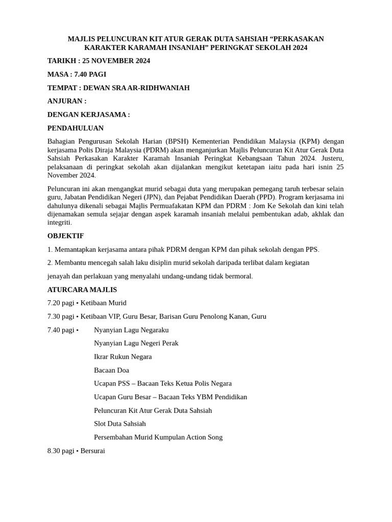 Majlis Peluncuran Kit Atur Gerak Duta Sahsiah | PDF