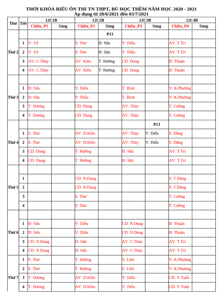 TKB On Thi TN THPT - 12cb - Hoc Chinh Buoi Chieu | PDF