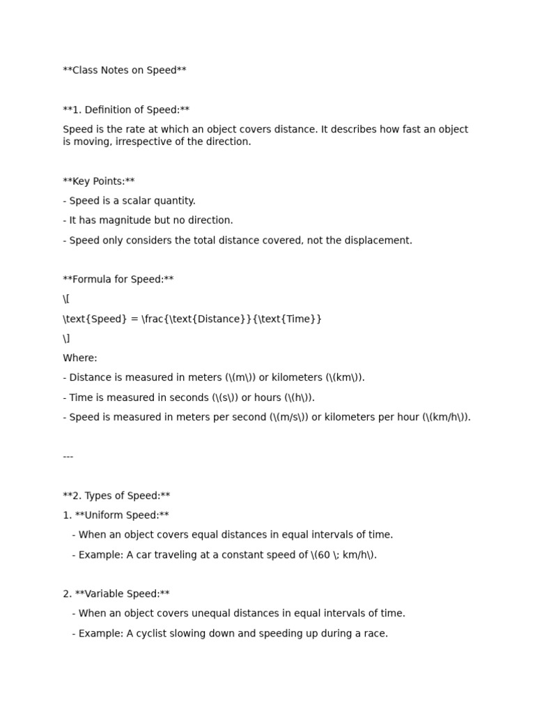 Speed Class Notes | PDF | Speed | Velocity