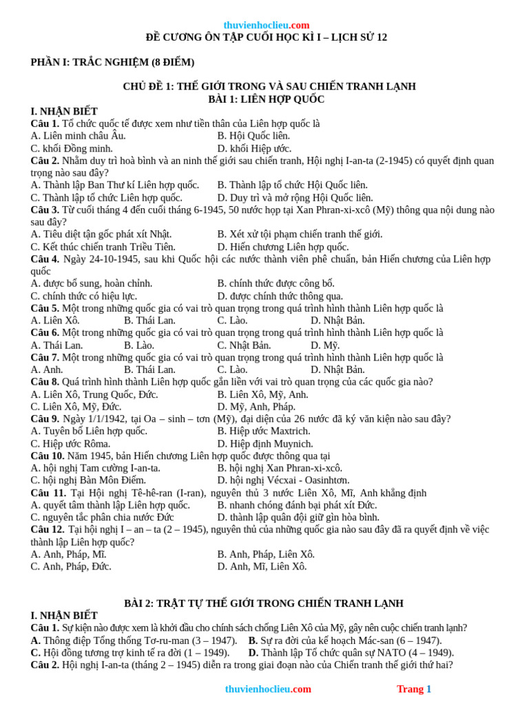 Thuvienhoclieu.com de Cuong on Tap HK1 Lich Su 12 KNTT 1 | PDF