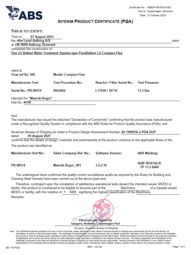PB-08514 ABS Interim Product Certificate (PQA) | PDF