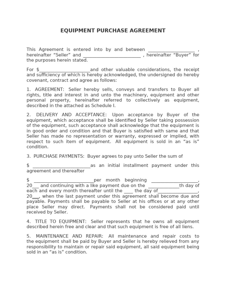 Equipment Purchase Agreement | PDF | Indemnity | Private Law