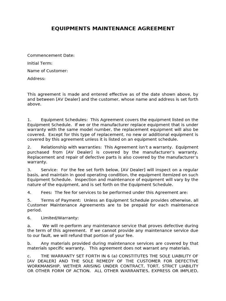 Equipment Maintenance Service Agreement | PDF | Business Law | Common Law