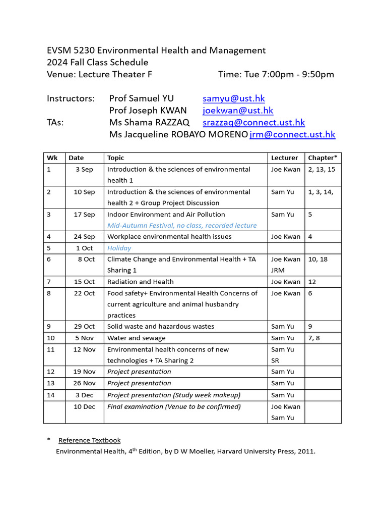 EVSM 5230 Class Schedule Fall 2024 v4 20240830 | PDF | Environmental Health | Environment