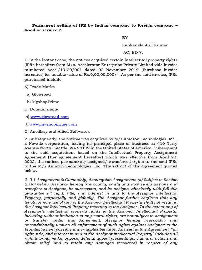 Note on permanent selling of IPRs | PDF | Assignment (Law) | Statutory ...