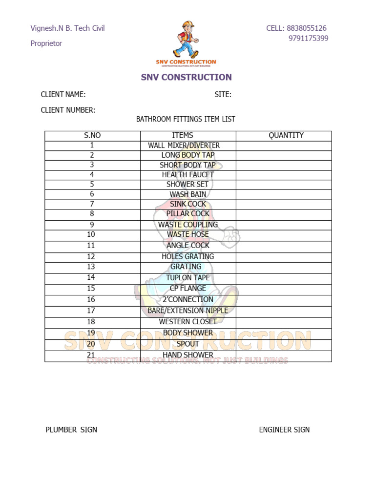 SNV Construction Bathroom Fittings List | PDF