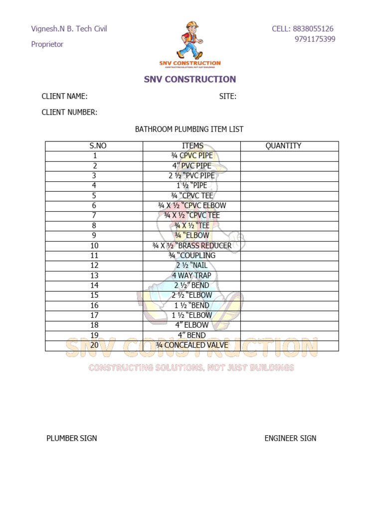 SNV Construction Bathroom Plumbing List | PDF