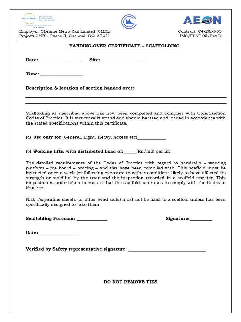 IMS FSAF-05 Scaffolding Handing Over | PDF