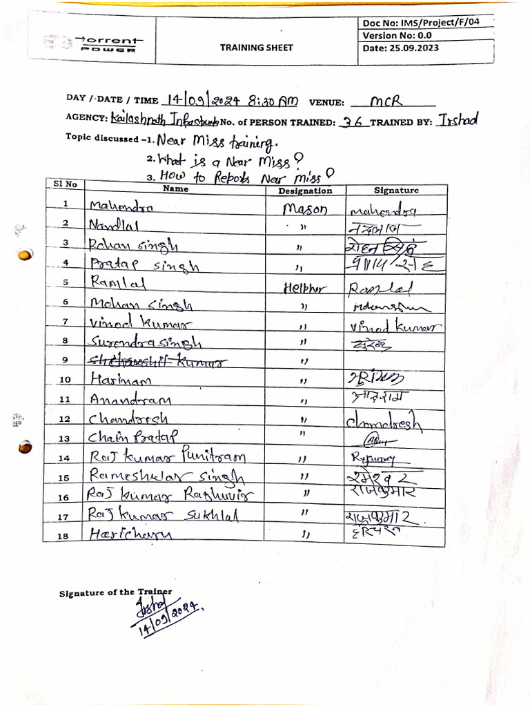 Training Sheet Details - 14.09.2024. | PDF
