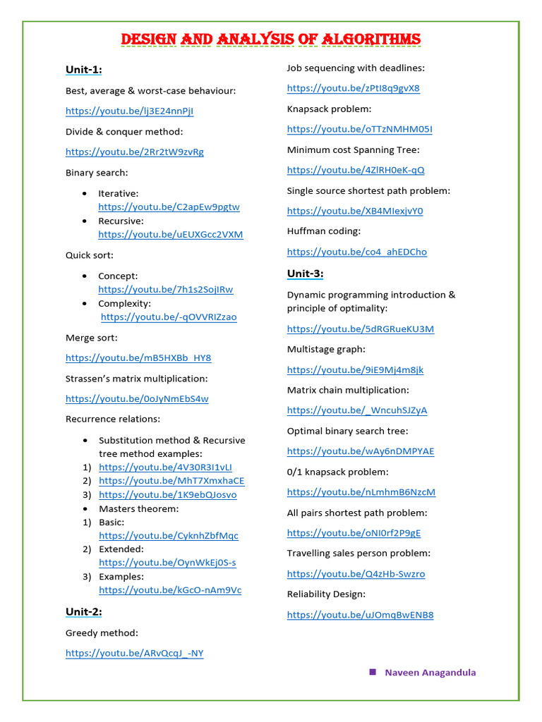 Design and Analysis of Algorithms: Unit-1 | PDF | Computational ...
