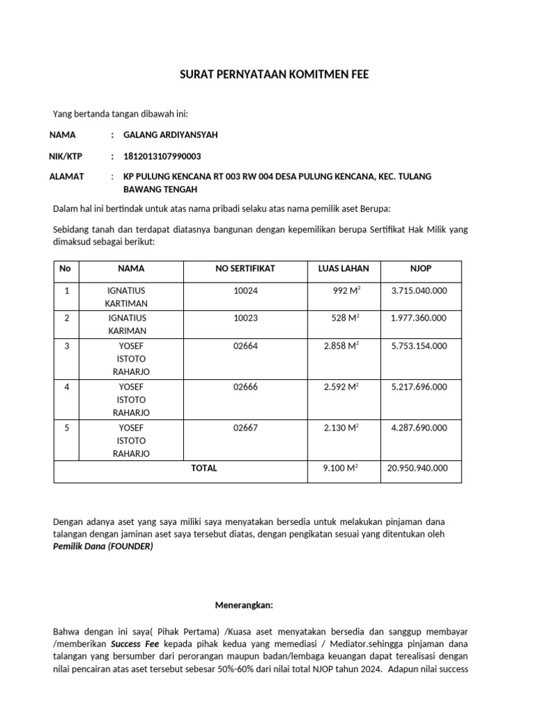 Surat Pernyataan Komitmen Fee Plm | PDF