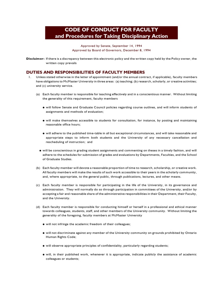 Code of Conduct For Faculty and Procedures For Taking Disciplinary ...