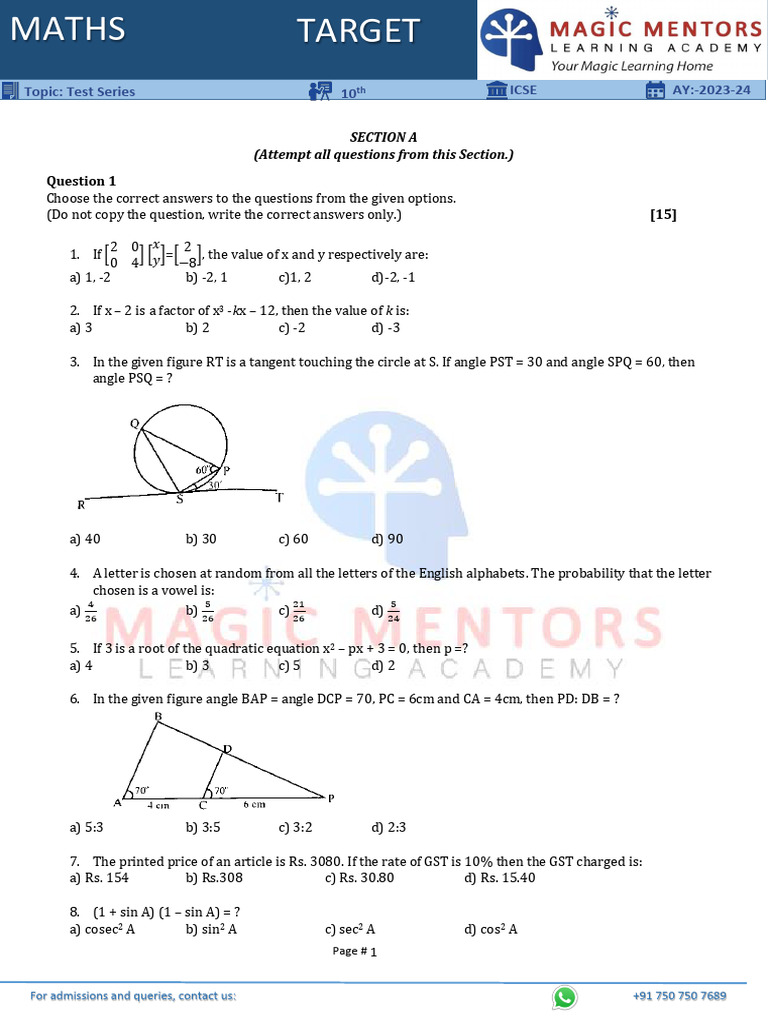 ICSE Maths Paper 2023 | PDF | Cartesian Coordinate System | Euclidean ...