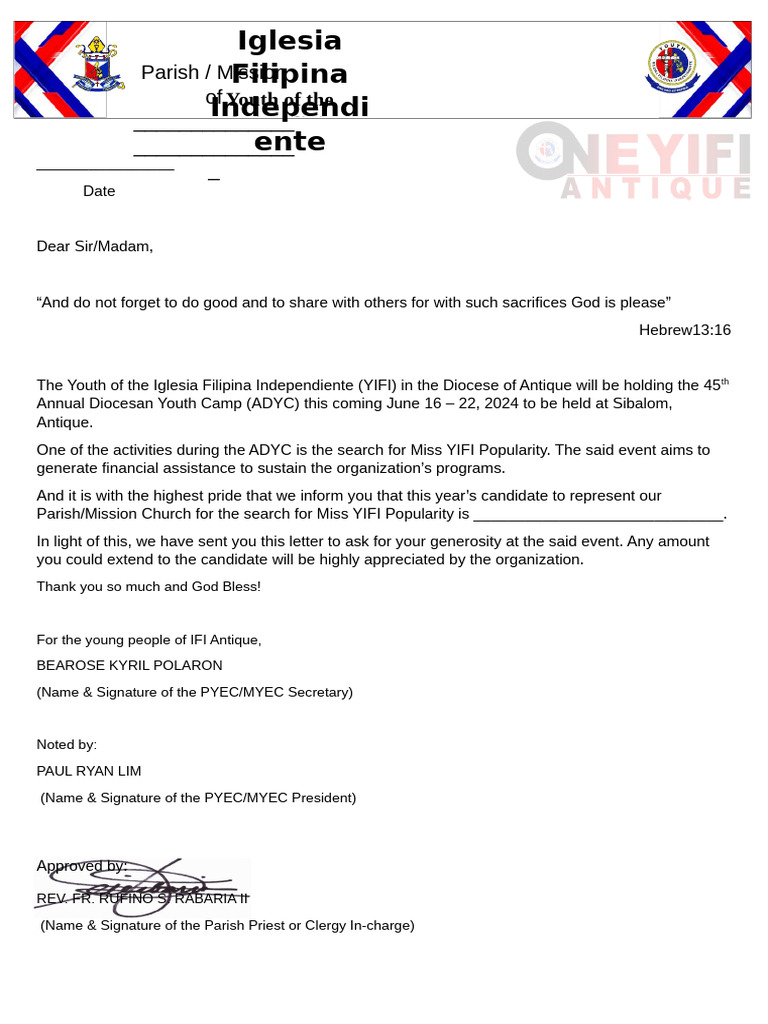 Solicitation Letter for Miss YIFI Popularity | PDF | Christian ...