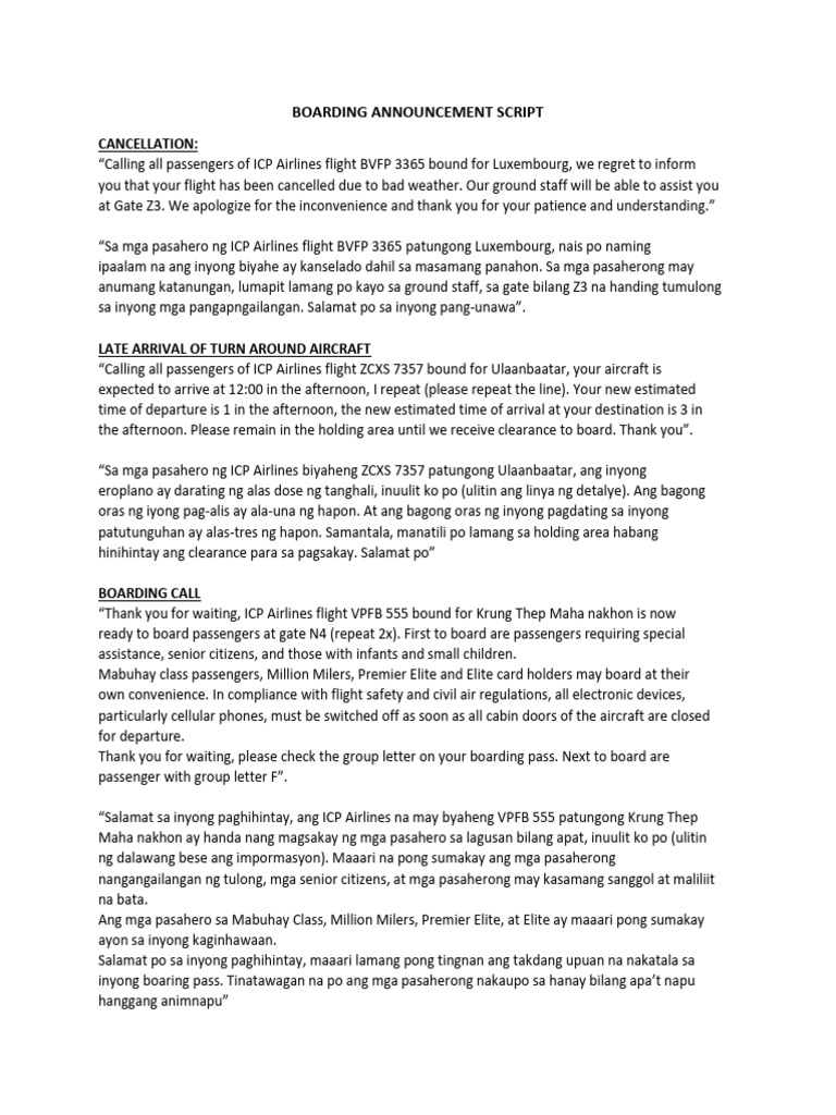 Boarding Announcement Script Icp | PDF | Aeronautics | Civil Aviation