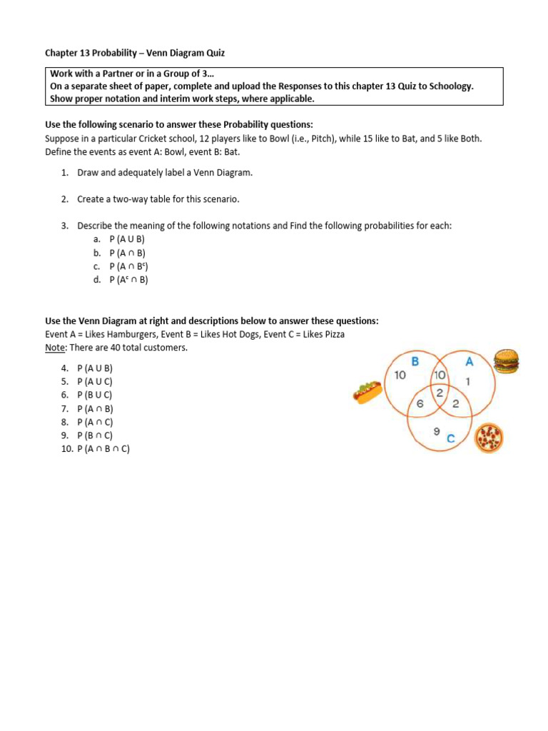 Venn Diagram Probability Quiz Guide | PDF