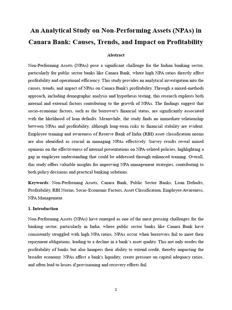 An Analytical Study On Non-Performing Assets (NPAs) in Canara Bank - PAPER 2 | PDF | P Value | Banks