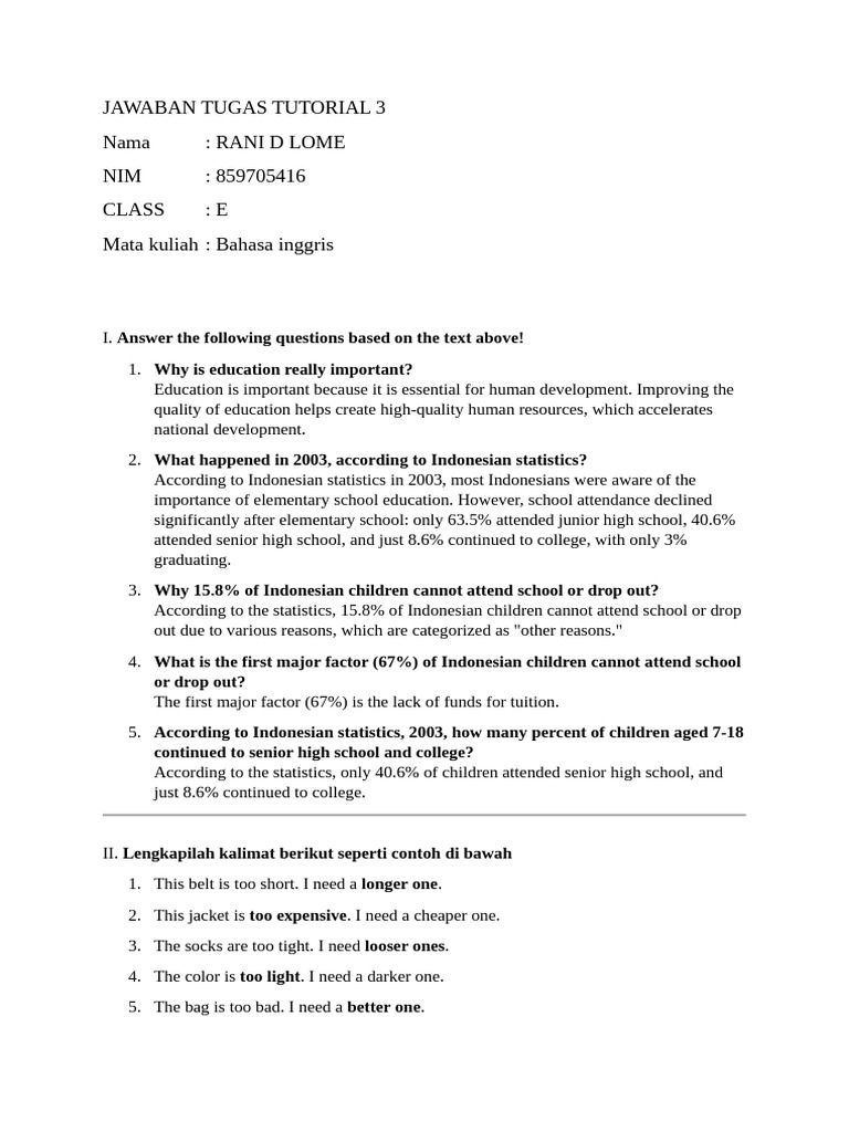 JAWABAN TUGAS TUTORIAL 3 Oleh RANI D LOME (859705416) | PDF
