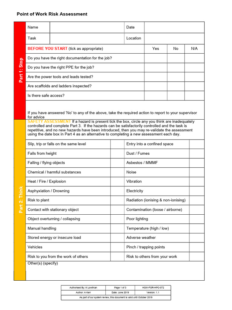 HSW-FOR-HPC-071 Point of Work Risk Assessment | PDF | Risk | Hazards