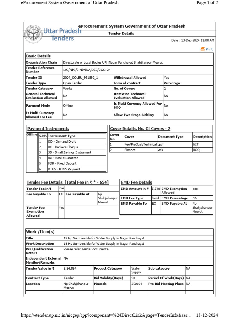 15 HP Submersible Water Supply Tender | PDF | Banking | Money