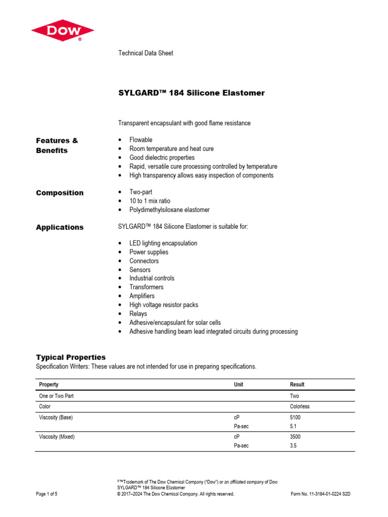 11 3184 01 Sylgard 184 Elastomer | PDF | Silicone | Dow Chemical Company