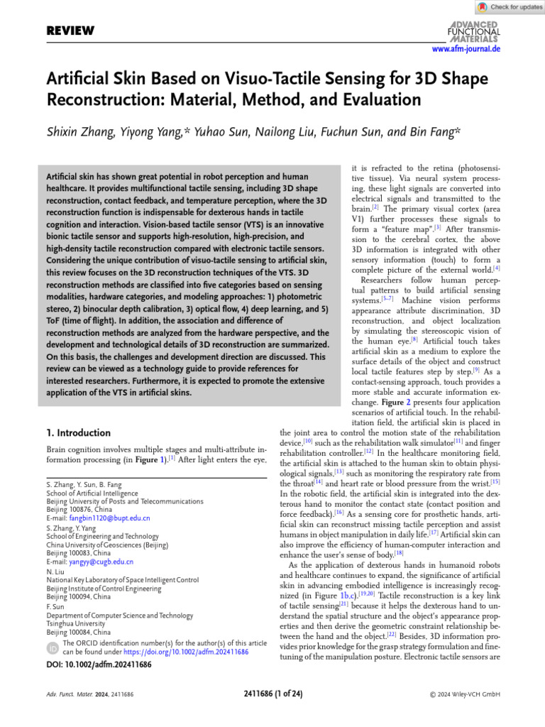 Adv Funct Materials - 2024 - Zhang - Artificial Skin Based On Visuo Tactile Sensing For 3D Shape ...