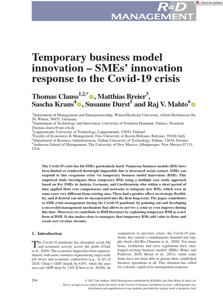 R D Management - 2021 - Clauss - Temporary business model innovation SMEs innovation response to ...