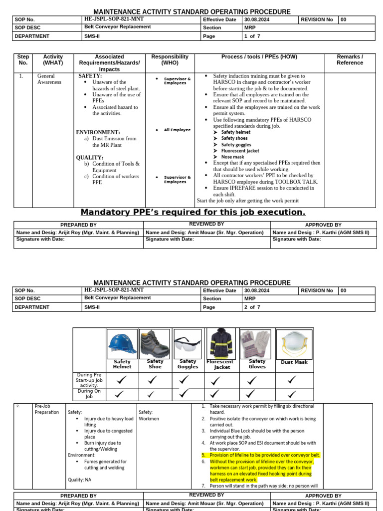 07 SOP of Belt Conveyor Replacment | PDF | Personal Protective ...