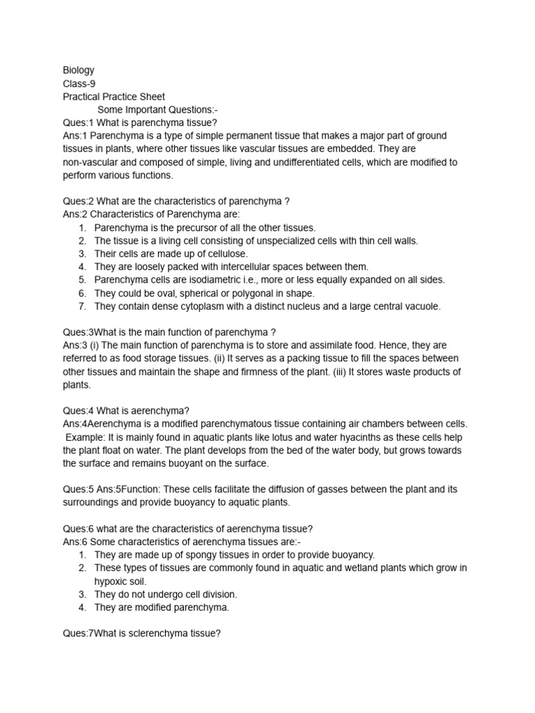 Class9 Biology Practice Sheet | PDF | Tissue (Biology) | Neuron