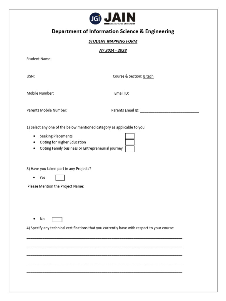 Student Mapping Form for placement | PDF