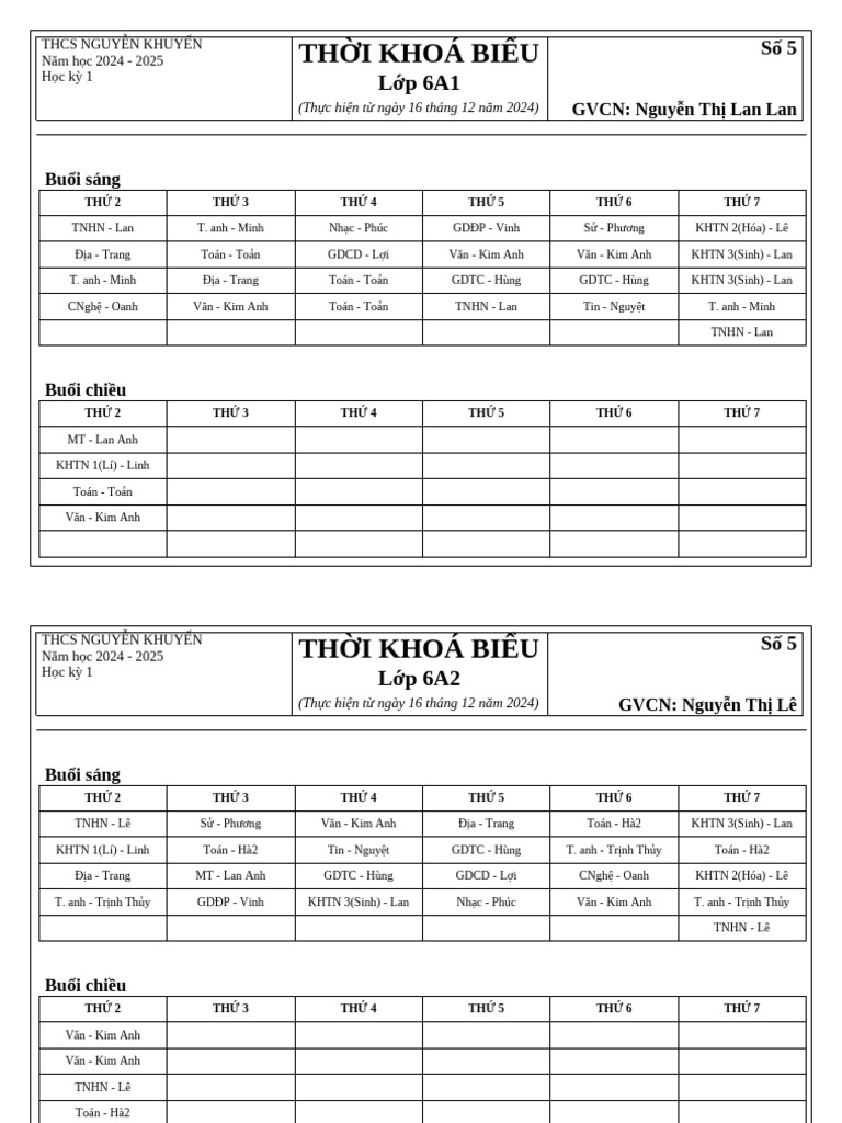 TKB Lớp lần 5 | PDF