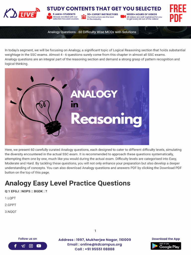 Analogy Questions 60 Difficulty Wise Mcqs With Solutions | PDF