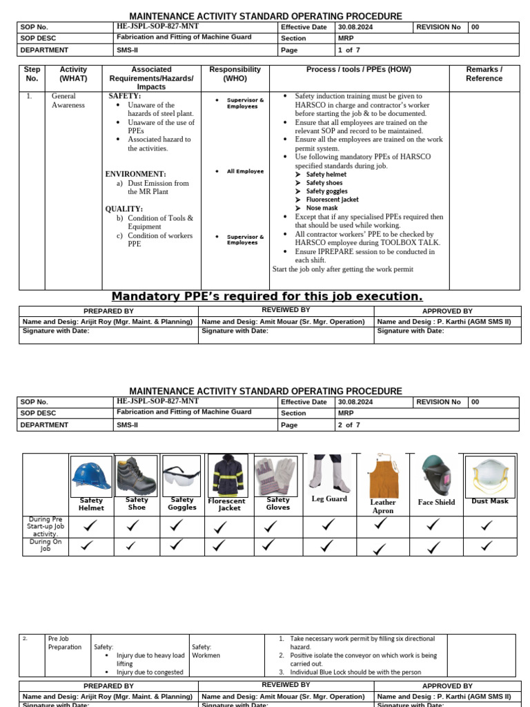 13 SOP of Fabrication and Fitting of Machine Guard | PDF | Personal ...