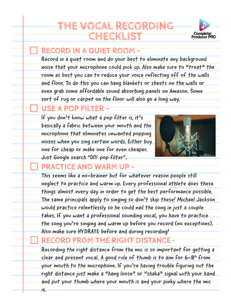 Vocal Recording Checklist | PDF