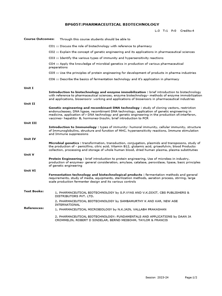 Biotechnology Syllabus | PDF
