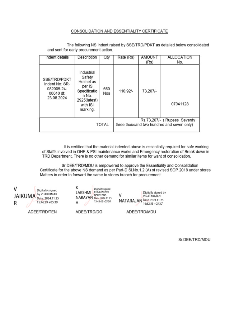 Consolidation and Essentiality Certificate Safety Helmet 1 | PDF