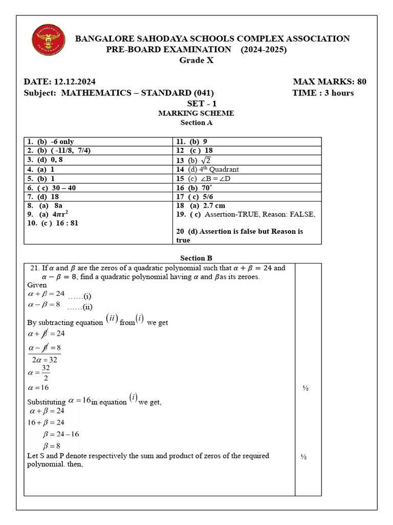 Bangalore Sahodaya Grade X Math Exam 2024 | PDF | Circle | Polynomial