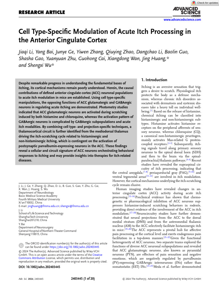 Cell Type-Speci C Modulation of Acute Itch Processing Inthe Anterior ...