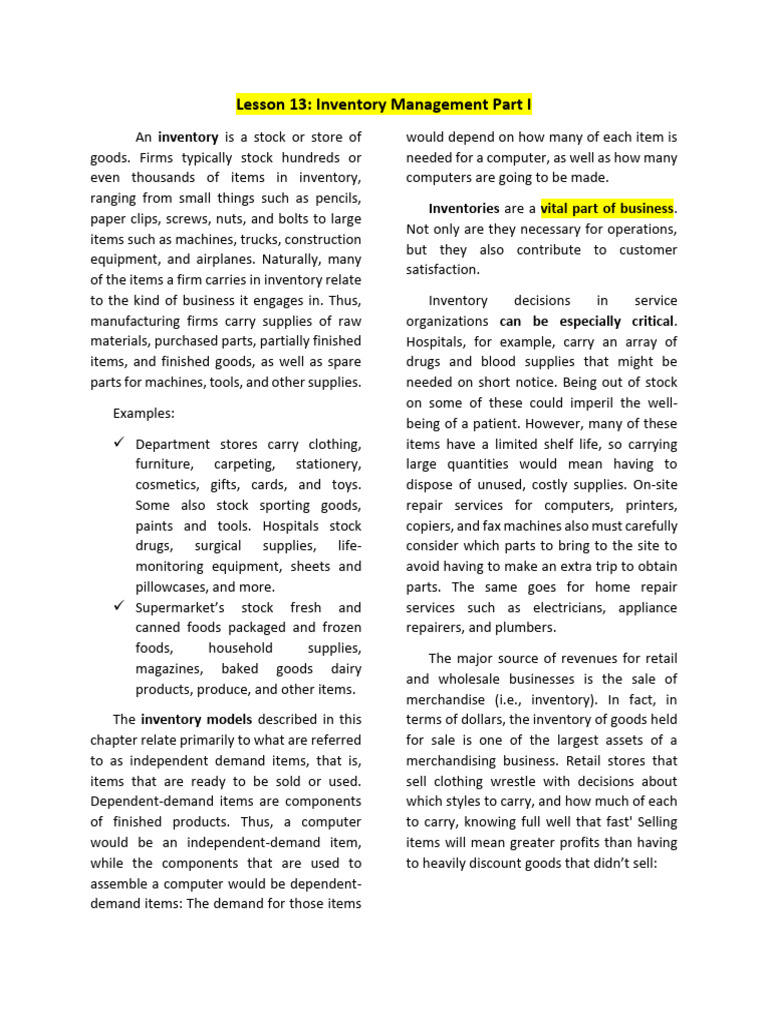 Lesson 13 14 Inventory Management Part I II | PDF | Inventory | Demand
