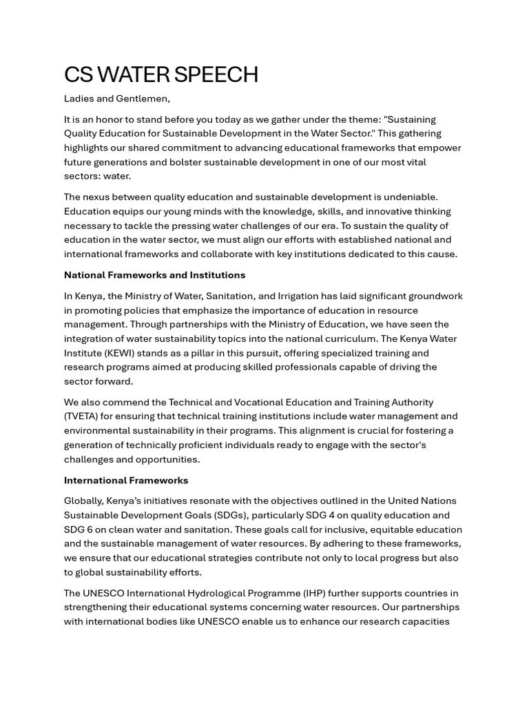 CS WATER SPEECH | PDF | Sustainability | Sustainable Development